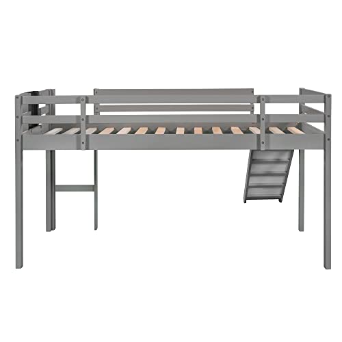 LostCat Twin Loft Bed with Slide, Wood Twin Bed Frame for Kids with Slide, Low Loft Bed with Stairs and Chalkboard, Space-Saving Wooden Child Bed Frame for Boys or Girls, Grey