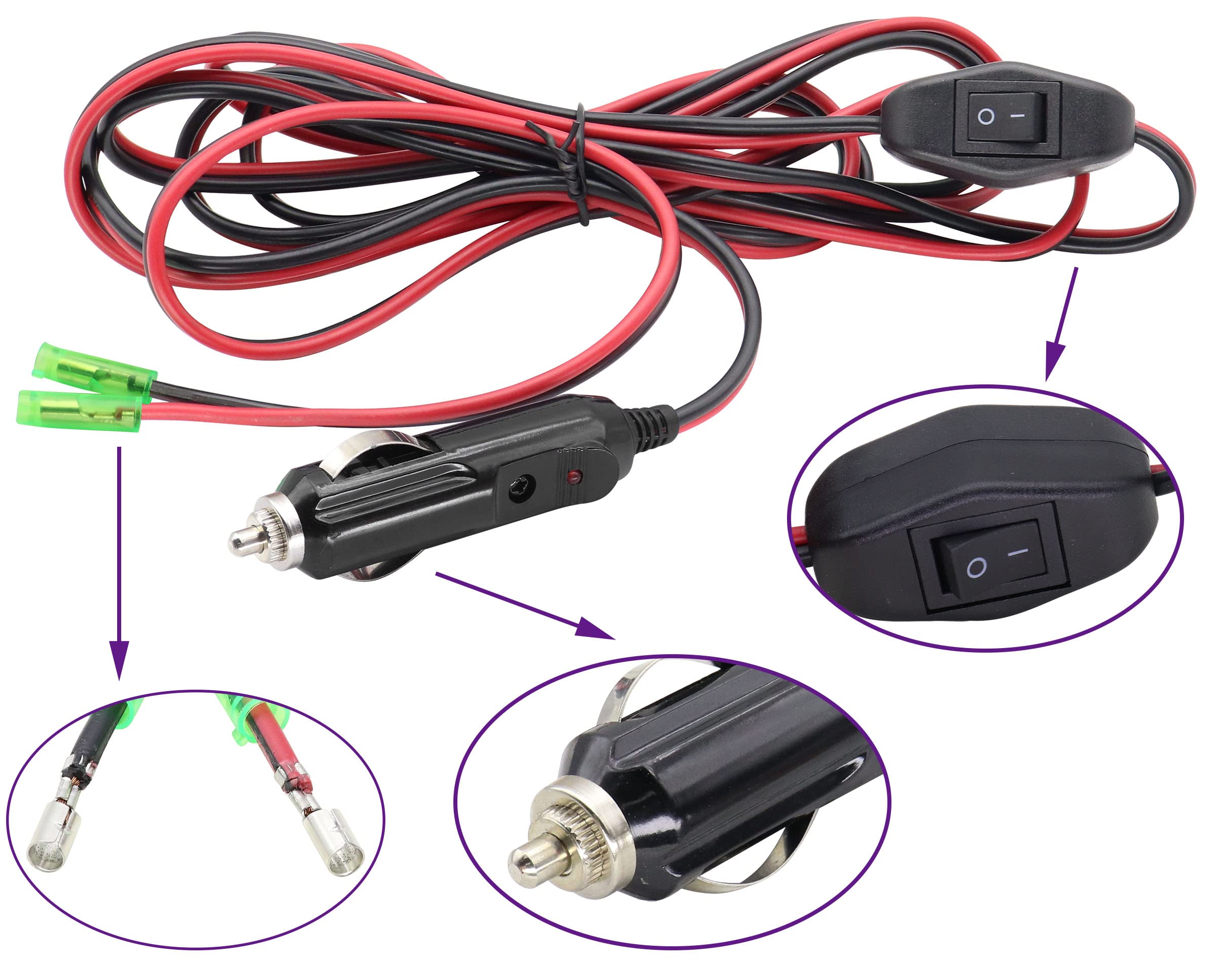 AAOTOKK 12V Male Cigarette Lighter Plug Cable with LED Light,16AWG &10A Fused Replacement Cigarette Lighter Male Plug Adapter to 4mm Interface Leads Plug Extension Cable with Switch(3M/10ft-Leads)