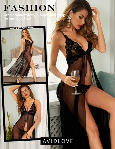 Avidlove Women One Piece Lingerie Deep V Lace BabyDoll Long Gown Spaghetti Strap Mesh Nightwear Black