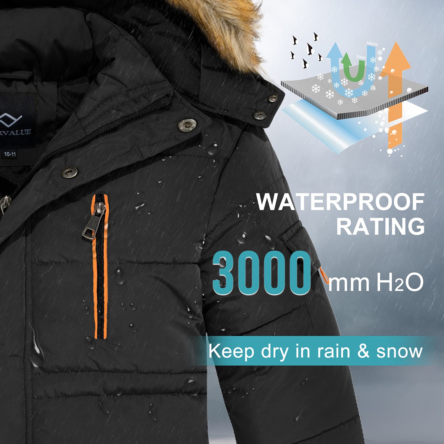FARVALUE Boy Winter Coat Warm Quilted Puffer Water Resistant Parka Jacket with Detachable Fur Hood for Big Boys Black 10-11 Years