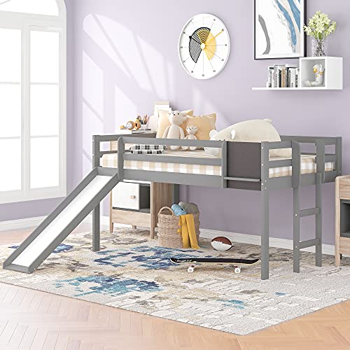 LostCat Twin Loft Bed with Slide, Wood Twin Bed Frame for Kids with Slide, Low Loft Bed with Stairs and Chalkboard, Space-Saving Wooden Child Bed Frame for Boys or Girls, Grey