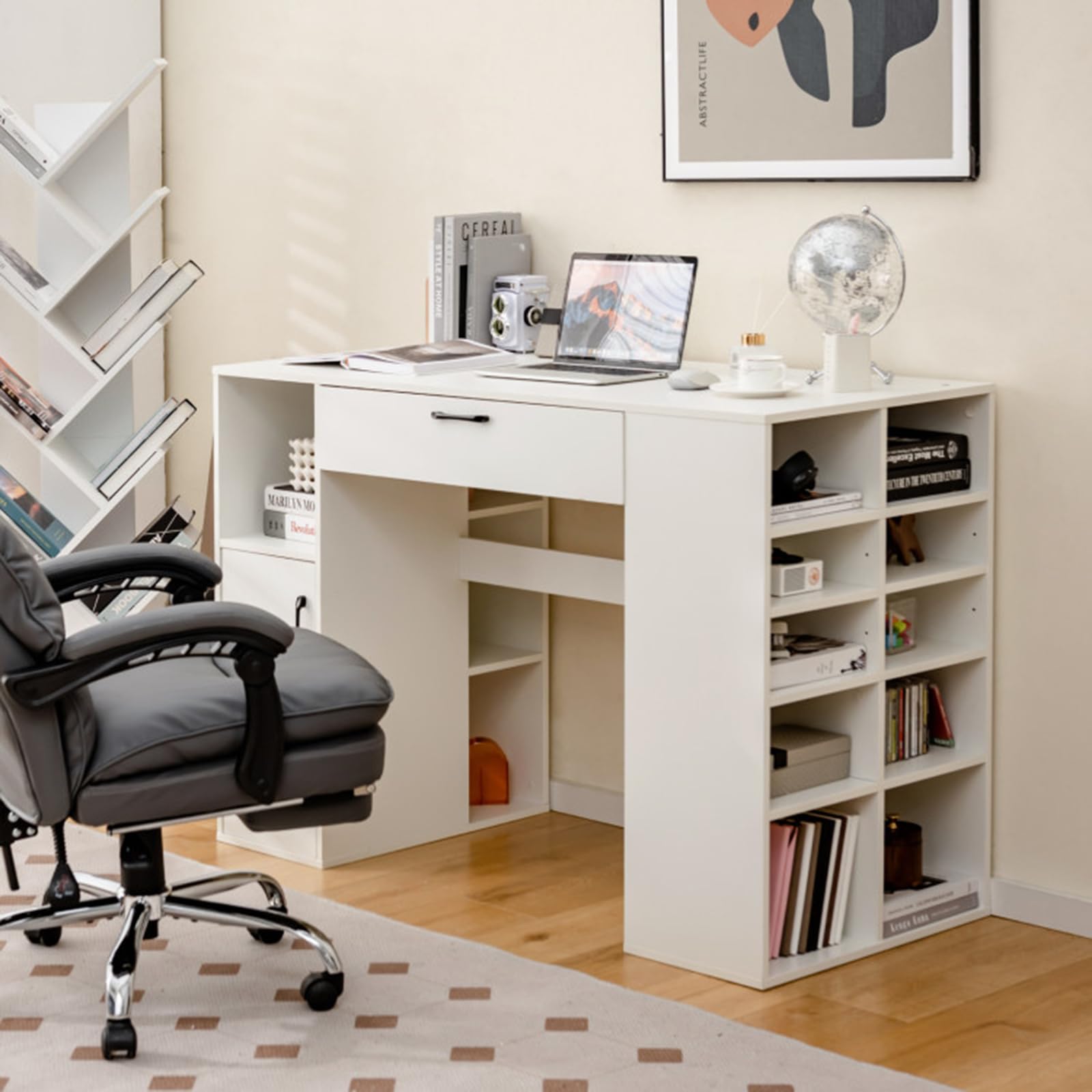 Craft Table with Storage, Artwork Sewing Table 14 Large & Small Storage Compartments, Counter Height Sewing Craft Table with Adjustable Shelves and Drawer