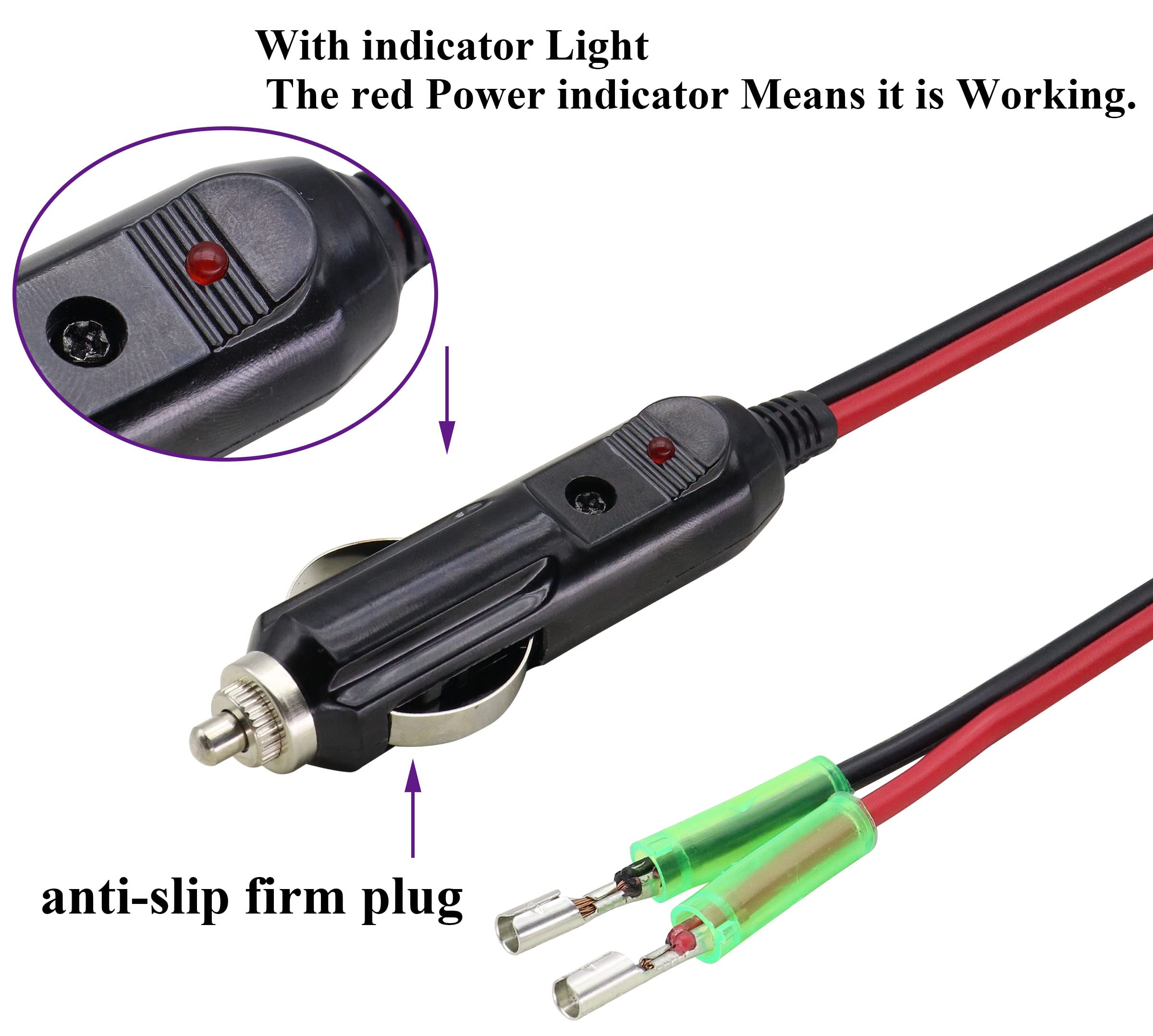 AAOTOKK 12V Male Cigarette Lighter Plug Cable with LED Light,16AWG &10A Fused Replacement Cigarette Lighter Male Plug Adapter to 4mm Interface Leads Plug Extension Cable with Switch(3M/10ft-Leads)