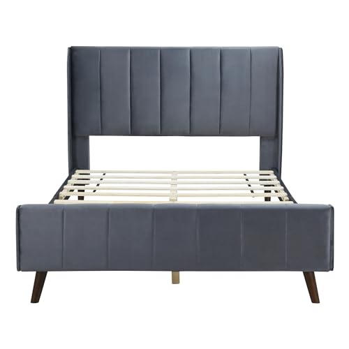 WADRI Modern Full Size Upholstered Platform Bed with Headboard and Footboard, Velvet Upholstered Bed with Wood Slats Support for Kids Teens Boys Girls Bedroom, Easy Assembly (Gray + Upholstered-6)