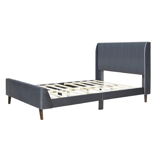 WADRI Modern Full Size Upholstered Platform Bed with Headboard and Footboard, Velvet Upholstered Bed with Wood Slats Support for Kids Teens Boys Girls Bedroom, Easy Assembly (Gray + Upholstered-6)