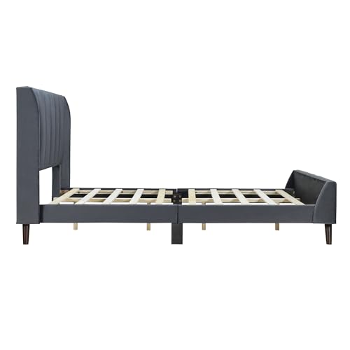 WADRI Modern Full Size Upholstered Platform Bed with Headboard and Footboard, Velvet Upholstered Bed with Wood Slats Support for Kids Teens Boys Girls Bedroom, Easy Assembly (Gray + Upholstered-6)