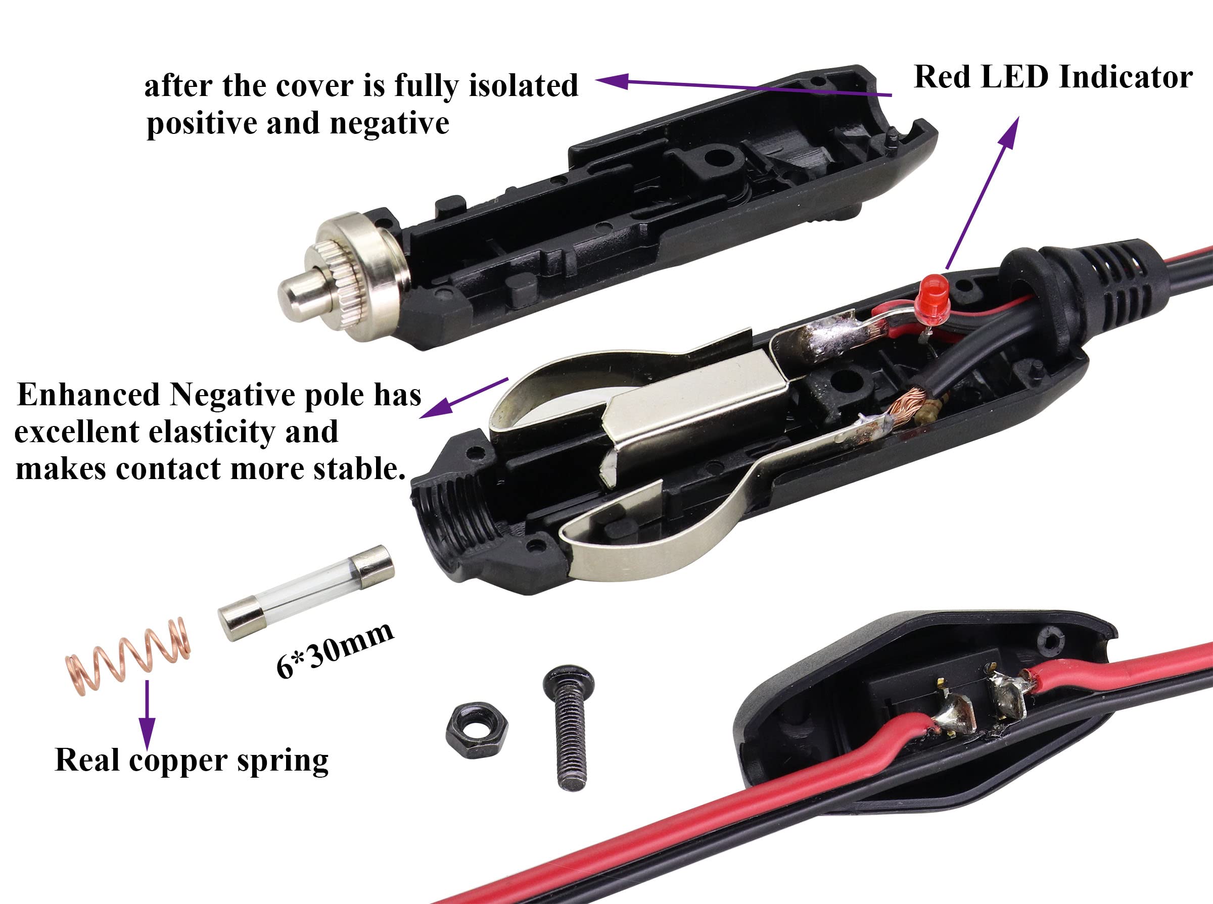 AAOTOKK 12V Male Cigarette Lighter Plug Cable with LED Light,16AWG &10A Fused Replacement Cigarette Lighter Male Plug Adapter to 4mm Interface Leads Plug Extension Cable with Switch(3M/10ft-Leads)