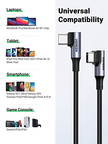 UGREEN 100W USB C Cable 90 Degree PD3.0 Fast Charging Compatible with MacBook Pro 2022, iPad Pro 2022, Elitebook, Dell XPS/Inspiron, Samsung Galaxy S23/S22/Z Fold, Pixel, Switch, etc. 3.3FT