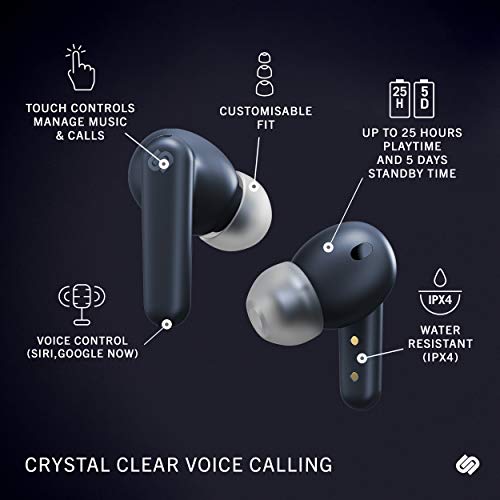 Urbanista London True Wireless Earbuds Headphones with Active Noise Cancelling, 25 Hours Playtime, Touch Controls & 6 Microphones for Clear Calling, Bluetooth 5.0 Earphones, Blue