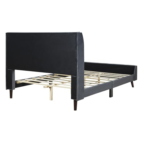 WADRI Modern Full Size Upholstered Platform Bed with Headboard and Footboard, Velvet Upholstered Bed with Wood Slats Support for Kids Teens Boys Girls Bedroom, Easy Assembly (Gray + Upholstered-6)