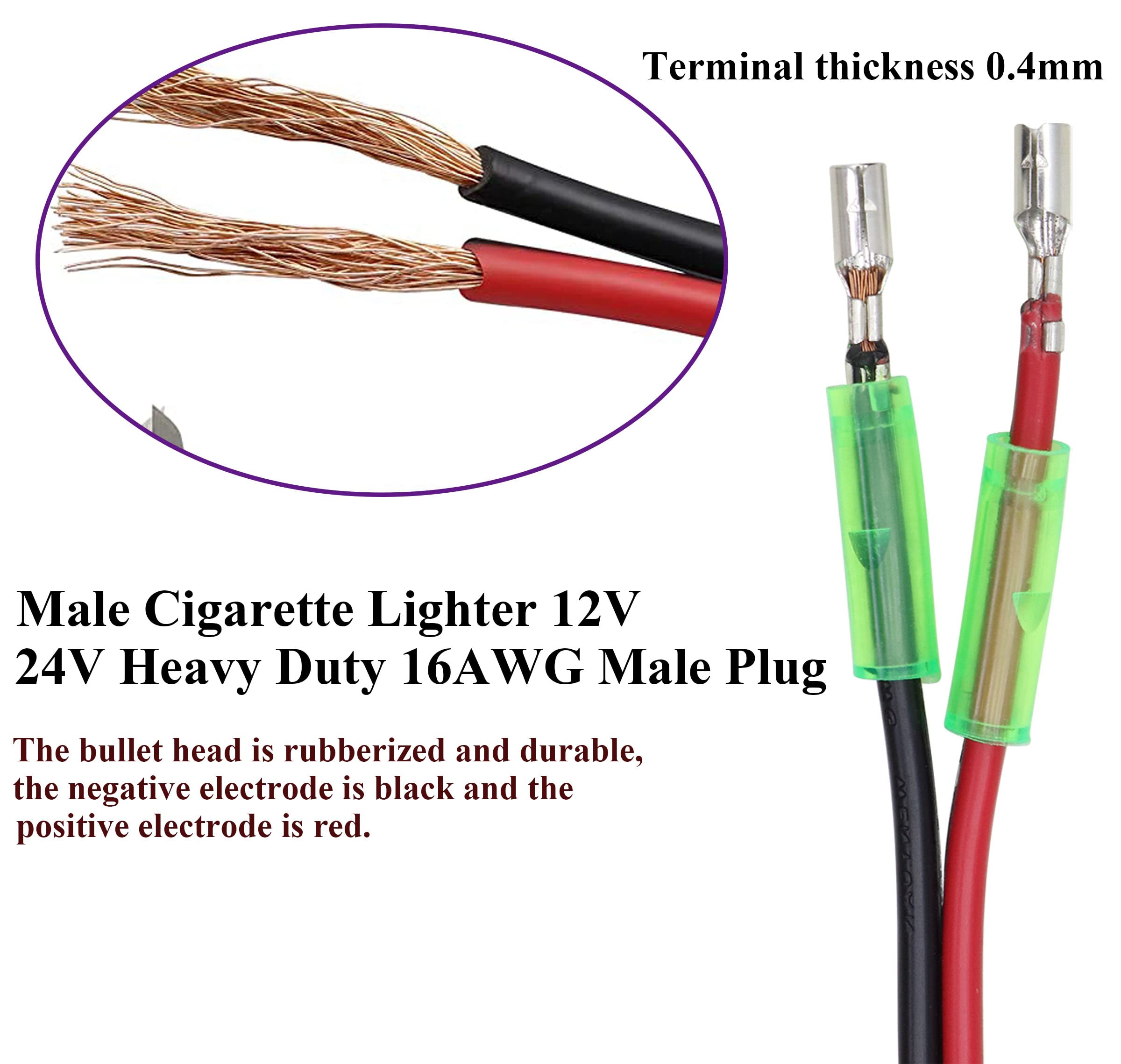 AAOTOKK 12V Male Cigarette Lighter Plug Cable with LED Light,16AWG &10A Fused Replacement Cigarette Lighter Male Plug Adapter to 4mm Interface Leads Plug Extension Cable with Switch(3M/10ft-Leads)