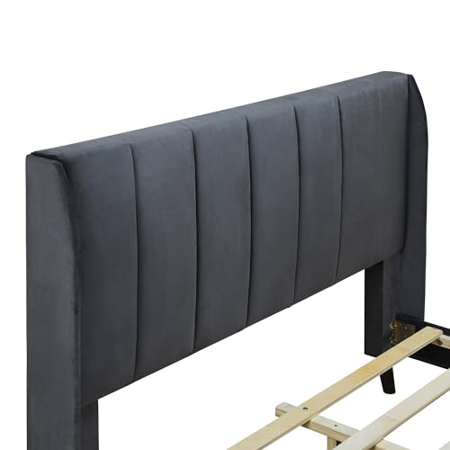 WADRI Modern Full Size Upholstered Platform Bed with Headboard and Footboard, Velvet Upholstered Bed with Wood Slats Support for Kids Teens Boys Girls Bedroom, Easy Assembly (Gray + Upholstered-6)