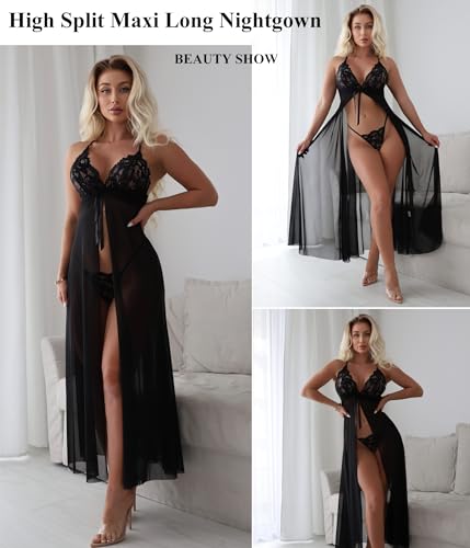 Avidlove Women One Piece Lingerie Deep V Lace BabyDoll Long Gown Spaghetti Strap Mesh Nightwear Black