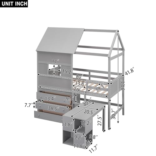 Twin Size House Loft Bed with Storage Desk and 3 Drawer Chest, Wood Loft Bed with Safety Guard Rails, Multi-Functional Loft Bed for Kids Boys Girls Teens Bedroom, Maximize Space Savings (Gray 014)