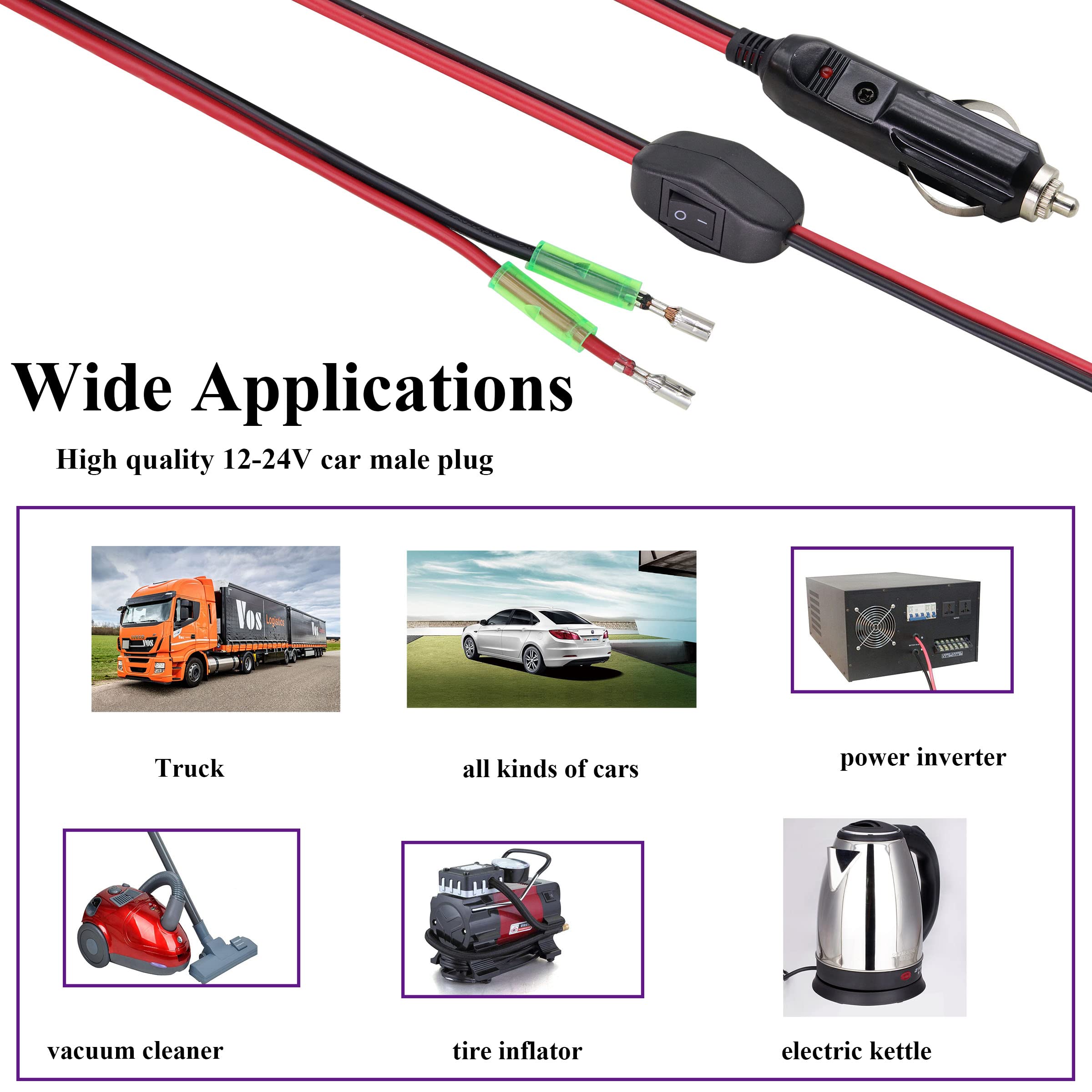 AAOTOKK 12V Male Cigarette Lighter Plug Cable with LED Light,16AWG &10A Fused Replacement Cigarette Lighter Male Plug Adapter to 4mm Interface Leads Plug Extension Cable with Switch(3M/10ft-Leads)
