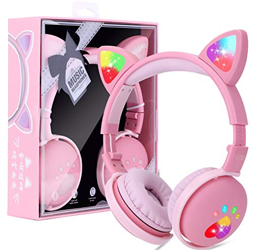 Kids Headphones, Wireless Cat Ear LED Light Up Bluetooth Headphones for Girls w/Microphone, Over On Ear Headset for School/Kindle/Tablet/PC Online Study Birthday Xmas Gift (Pink)