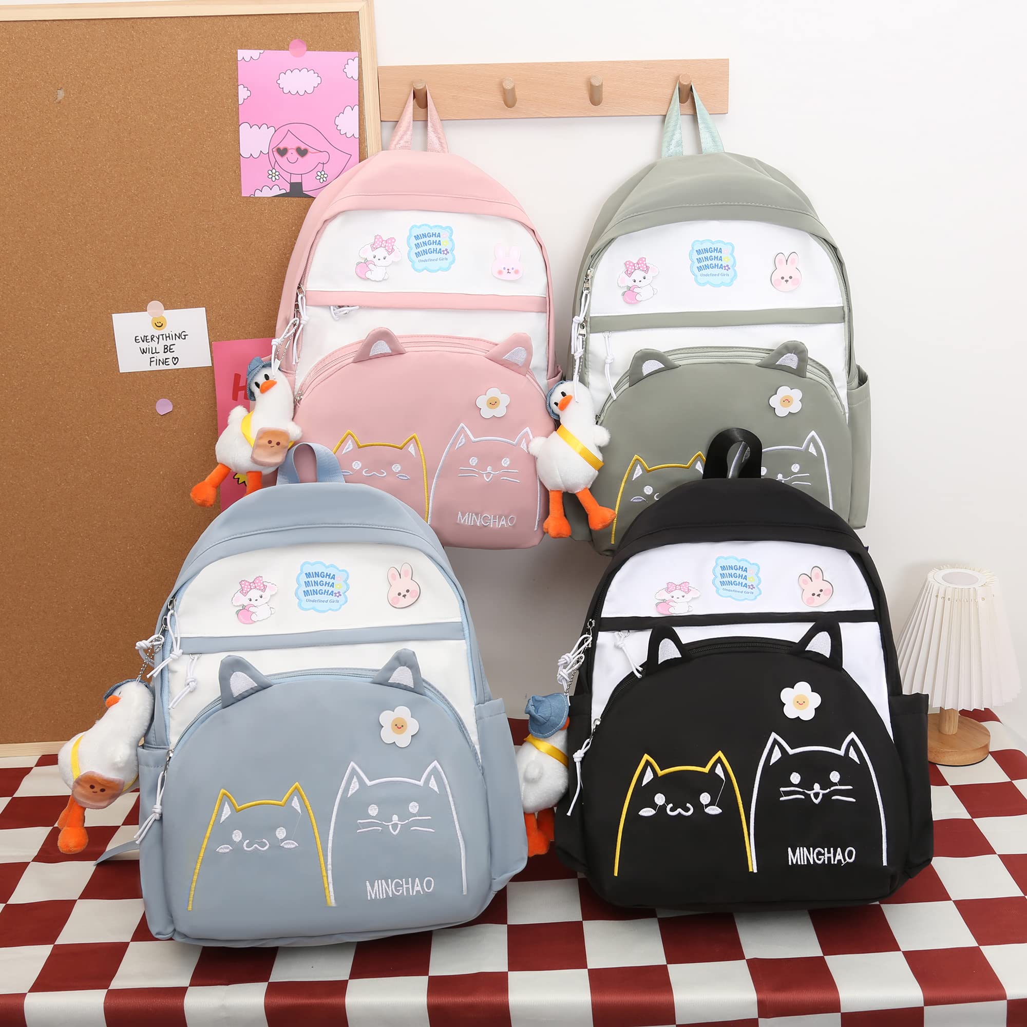 Kawaii Backpack for girls,17in Cute Cat Embroidery School Backpack Set with Lunch Bag Pencil Box,3PCS Aesthetic Student Bookbags,Green