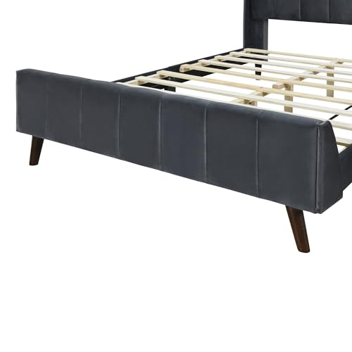 WADRI Modern Full Size Upholstered Platform Bed with Headboard and Footboard, Velvet Upholstered Bed with Wood Slats Support for Kids Teens Boys Girls Bedroom, Easy Assembly (Gray + Upholstered-6)