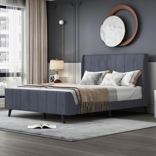 WADRI Modern Full Size Upholstered Platform Bed with Headboard and Footboard, Velvet Upholstered Bed with Wood Slats Support for Kids Teens Boys Girls Bedroom, Easy Assembly (Gray + Upholstered-6)