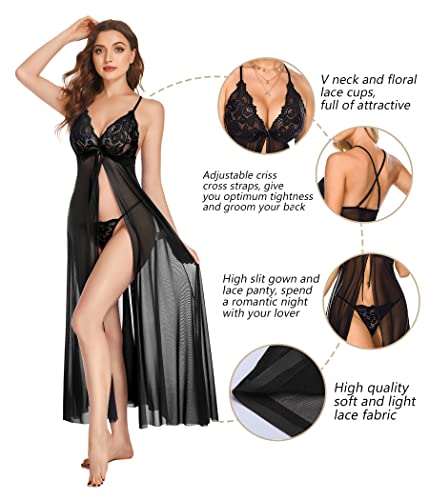 Avidlove Women One Piece Lingerie Deep V Lace BabyDoll Long Gown Spaghetti Strap Mesh Nightwear Black