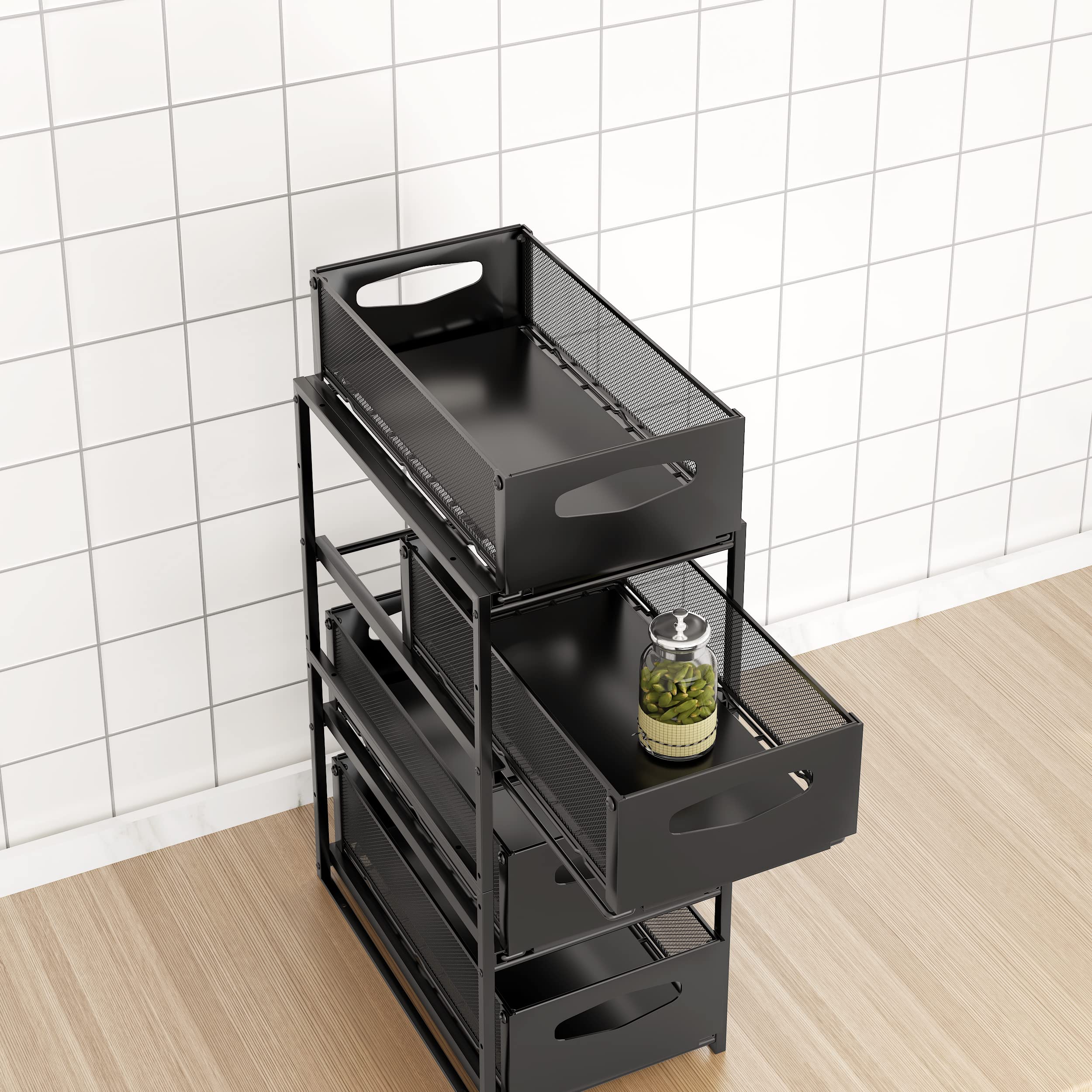 TidyEasy 2-Tier Under Sink Organizer with Sliding Storage Drawer,Pull Out Steel Basket with Simple Gear, Kitchen Bathroom Cabinet Storage (White)