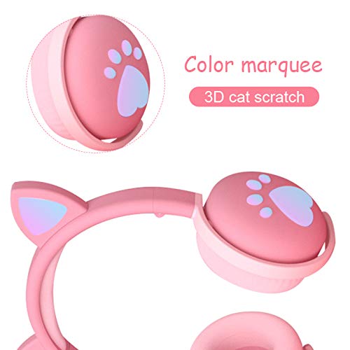 Kids Headphones, Wireless Cat Ear LED Light Up Bluetooth Headphones for Girls w/Microphone, Over On Ear Headset for School/Kindle/Tablet/PC Online Study Birthday Xmas Gift (Pink)