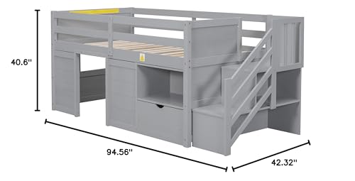 Twin Size Low Loft Bed with Play Space, Solid Wood Low Loft Bed Frame with Drawer, Shelf and Stairs Kids Loft Bed for Boys, Girls & Teens (Grey)