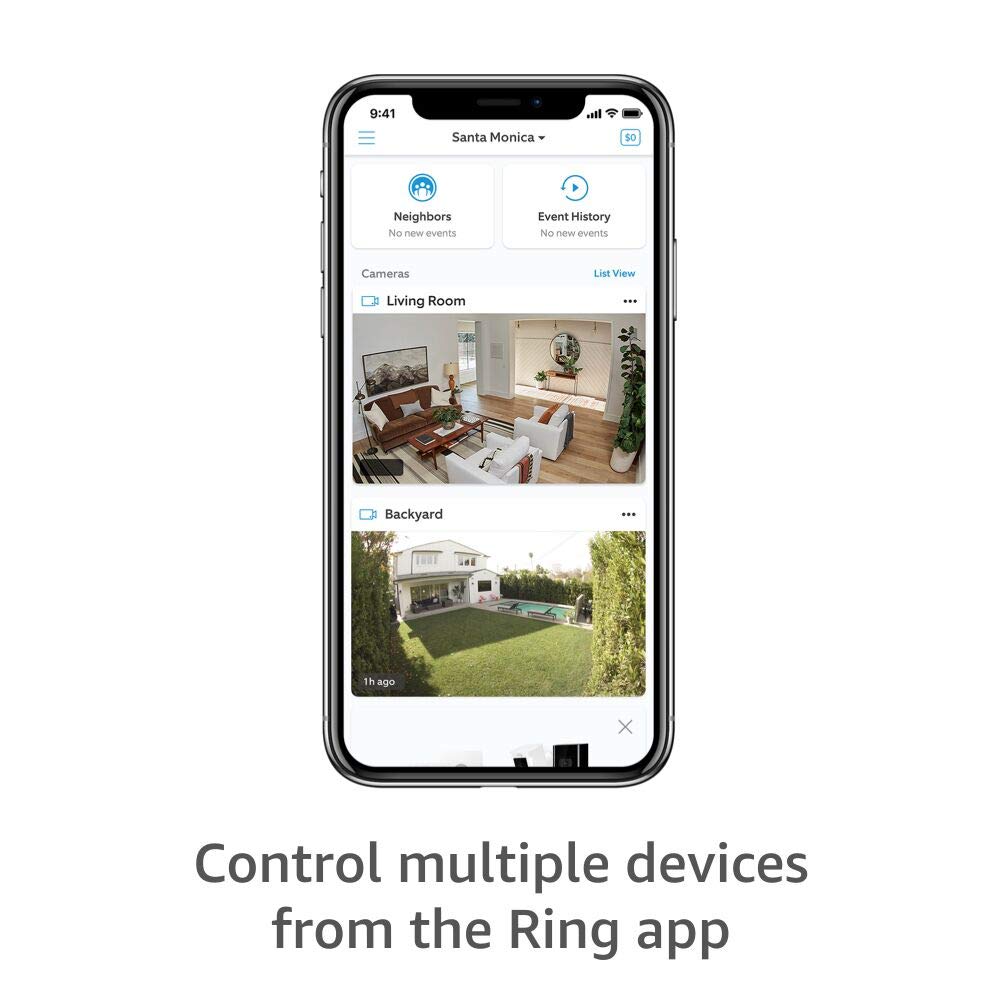 Certified Refurbished Ring Stick Up Cam Plug-In HD security camera with two-way talk, Works with Alexa - White