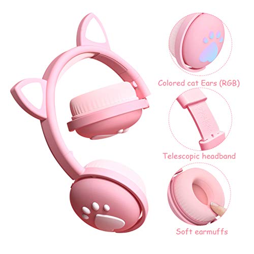 Kids Headphones, Wireless Cat Ear LED Light Up Bluetooth Headphones for Girls w/Microphone, Over On Ear Headset for School/Kindle/Tablet/PC Online Study Birthday Xmas Gift (Pink)