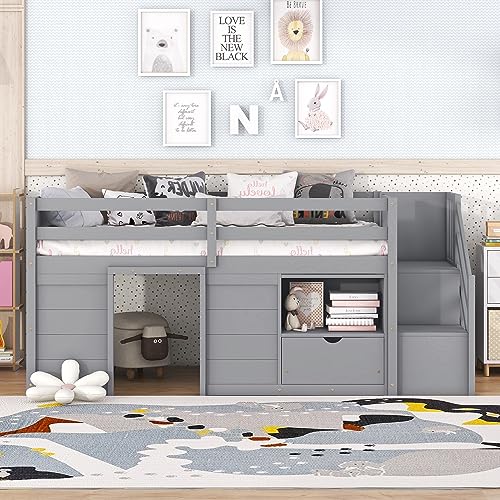 Twin Size Low Loft Bed with Play Space, Solid Wood Low Loft Bed Frame with Drawer, Shelf and Stairs Kids Loft Bed for Boys, Girls & Teens (Grey)