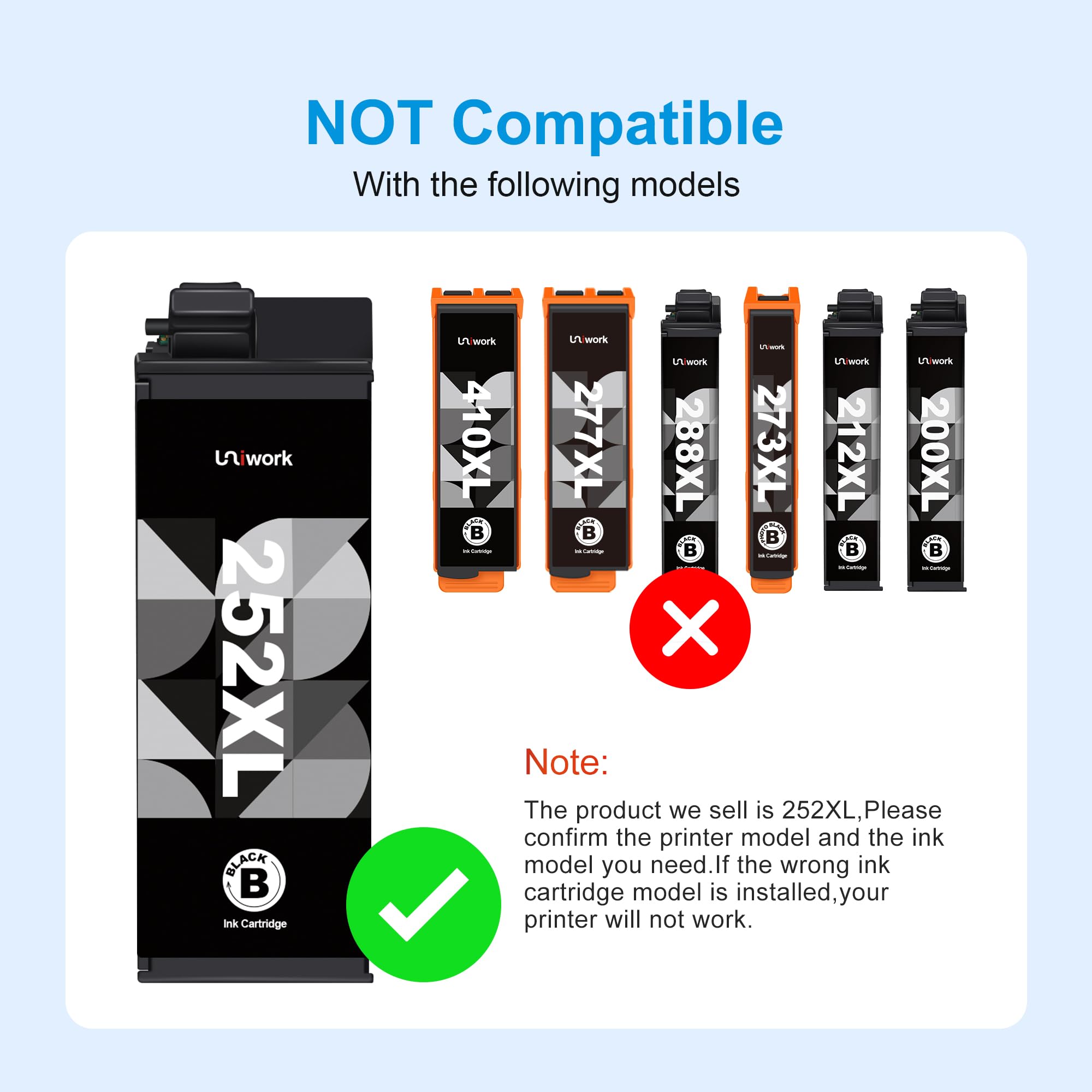 Uniwork Remanufactured Ink Cartridge Replacement for Epson 252XL Ink Cartridges Combo Pack 252 XL T252XL Compatible with Workforce WF-3640 WF-3620 WF-7110 WF-7710 WF-7720 WF-7620 Printer (8 Pack)
