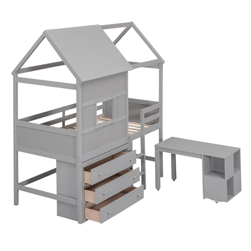 Twin Size House Loft Bed with Storage Desk and 3 Drawer Chest, Wood Loft Bed with Safety Guard Rails, Multi-Functional Loft Bed for Kids Boys Girls Teens Bedroom, Maximize Space Savings (Gray 014)