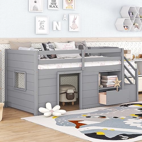 Twin Size Low Loft Bed with Play Space, Solid Wood Low Loft Bed Frame with Drawer, Shelf and Stairs Kids Loft Bed for Boys, Girls & Teens (Grey)