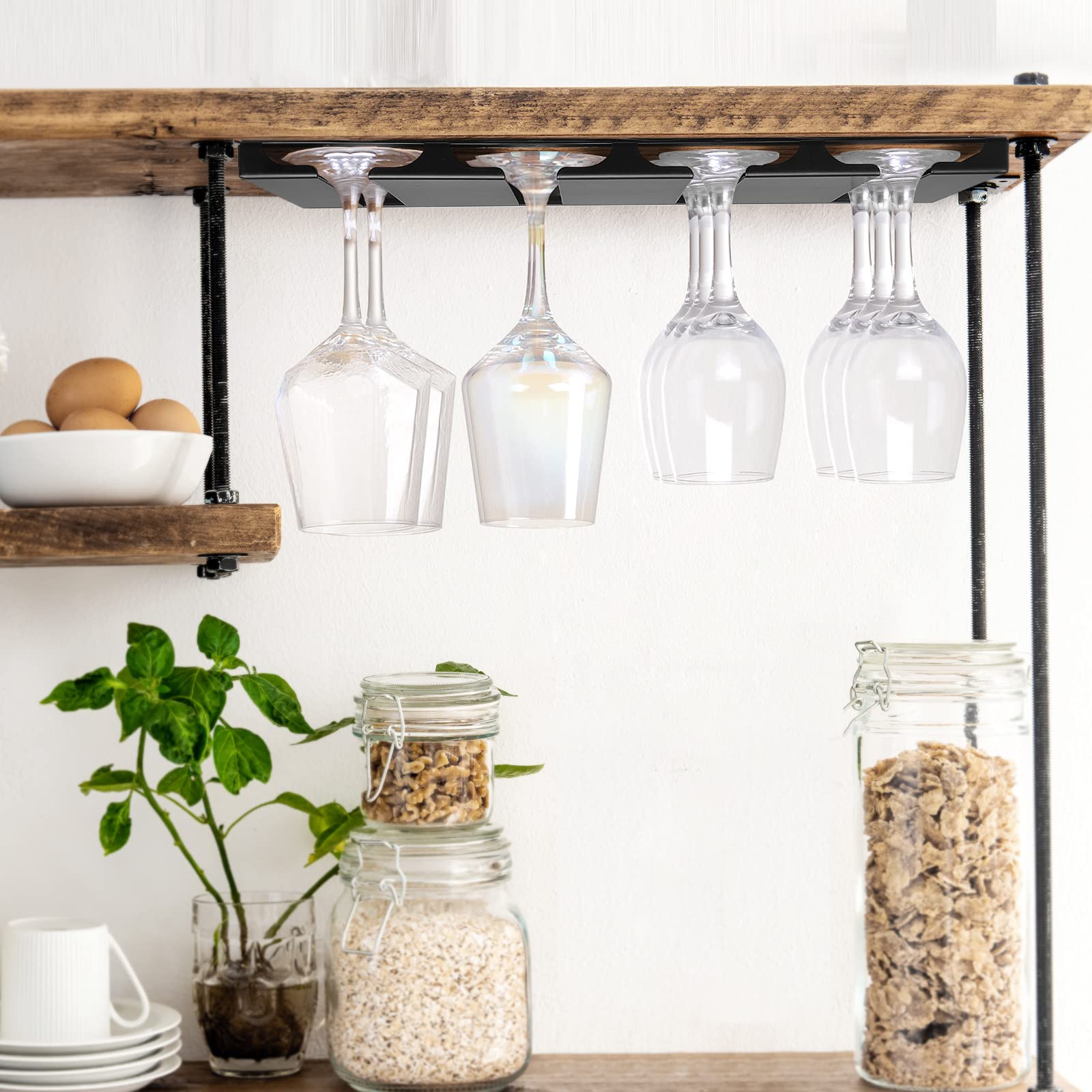 Wine Glasses Rack Hanging Under Cabinet Stemware Storage Hanger with 4 Rows Metal Bar Shelves for Kitchen Restaurant Cabinets Shelf – Fits from 1.1 to 3.4 inch Base of Goblet HG617