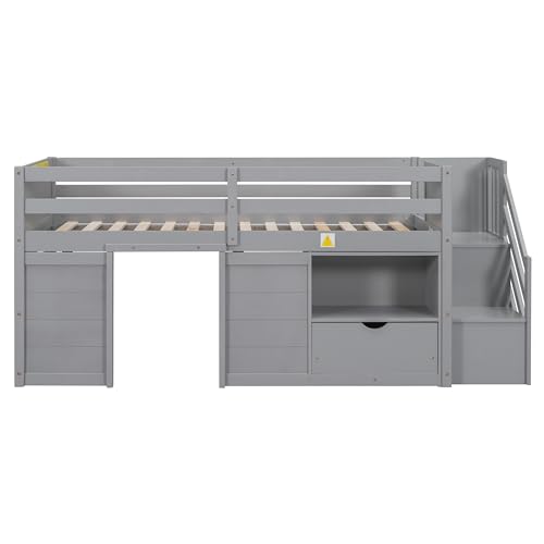 Twin Size Low Loft Bed with Play Space, Solid Wood Low Loft Bed Frame with Drawer, Shelf and Stairs Kids Loft Bed for Boys, Girls & Teens (Grey)
