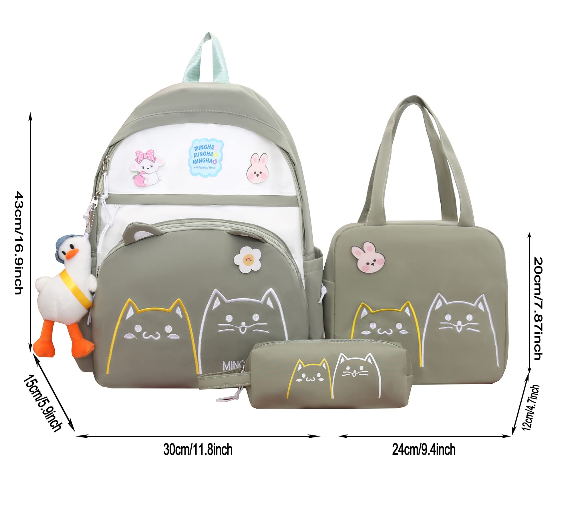 Kawaii Backpack for girls,17in Cute Cat Embroidery School Backpack Set with Lunch Bag Pencil Box,3PCS Aesthetic Student Bookbags,Green