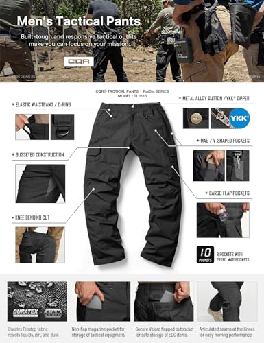 CQR Men's Tactical Pants, Water Resistant Ripstop Cargo Pants, Lightweight EDC Work Hiking Pants, Outdoor Apparel, Duratex Black, 46W x 30L