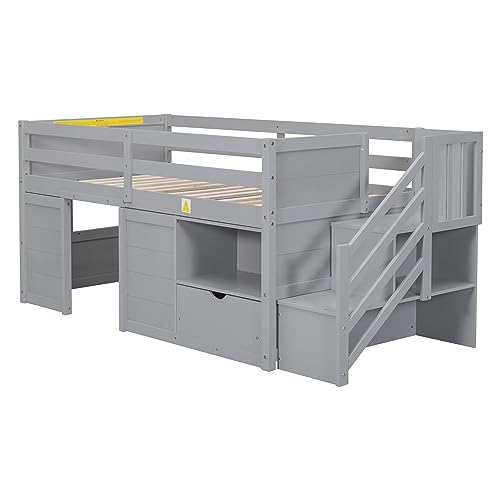 Twin Size Low Loft Bed with Play Space, Solid Wood Low Loft Bed Frame with Drawer, Shelf and Stairs Kids Loft Bed for Boys, Girls & Teens (Grey)
