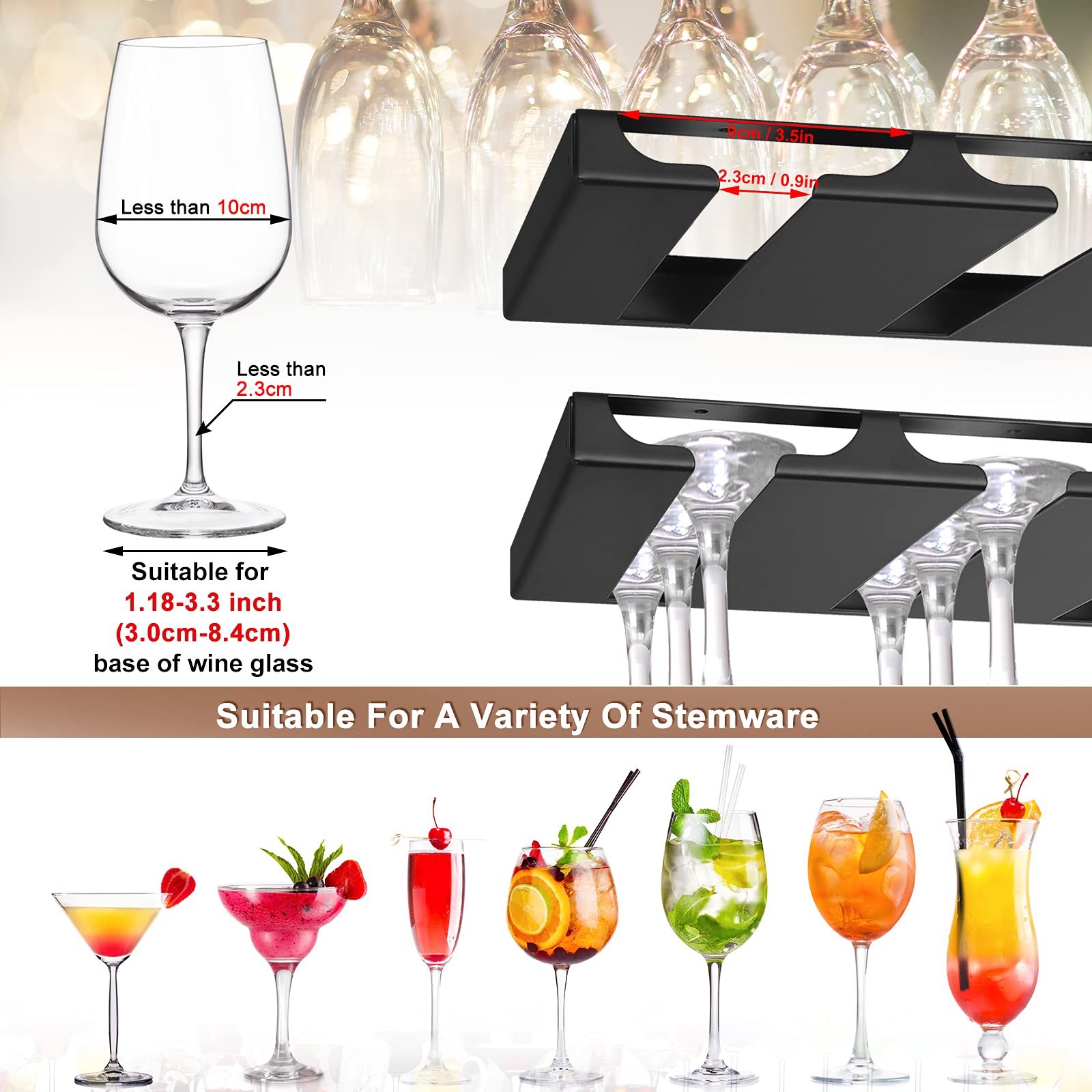 Wine Glasses Rack Hanging Under Cabinet Stemware Storage Hanger with 4 Rows Metal Bar Shelves for Kitchen Restaurant Cabinets Shelf – Fits from 1.1 to 3.4 inch Base of Goblet HG617