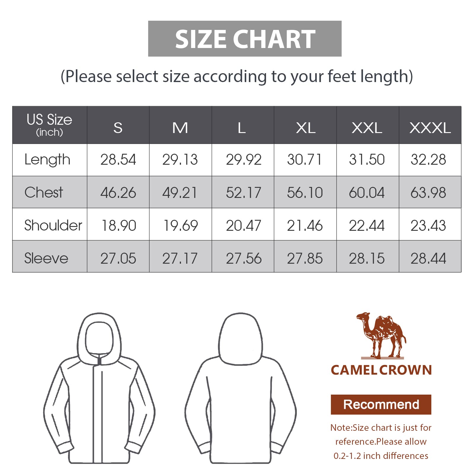 CAMEL CROWN Men's Winter Coats Mountain Waterproof Ski Jacket Warm Fleece Jacket with Detachable Hood Windproof Rain Jacket Black 2XL