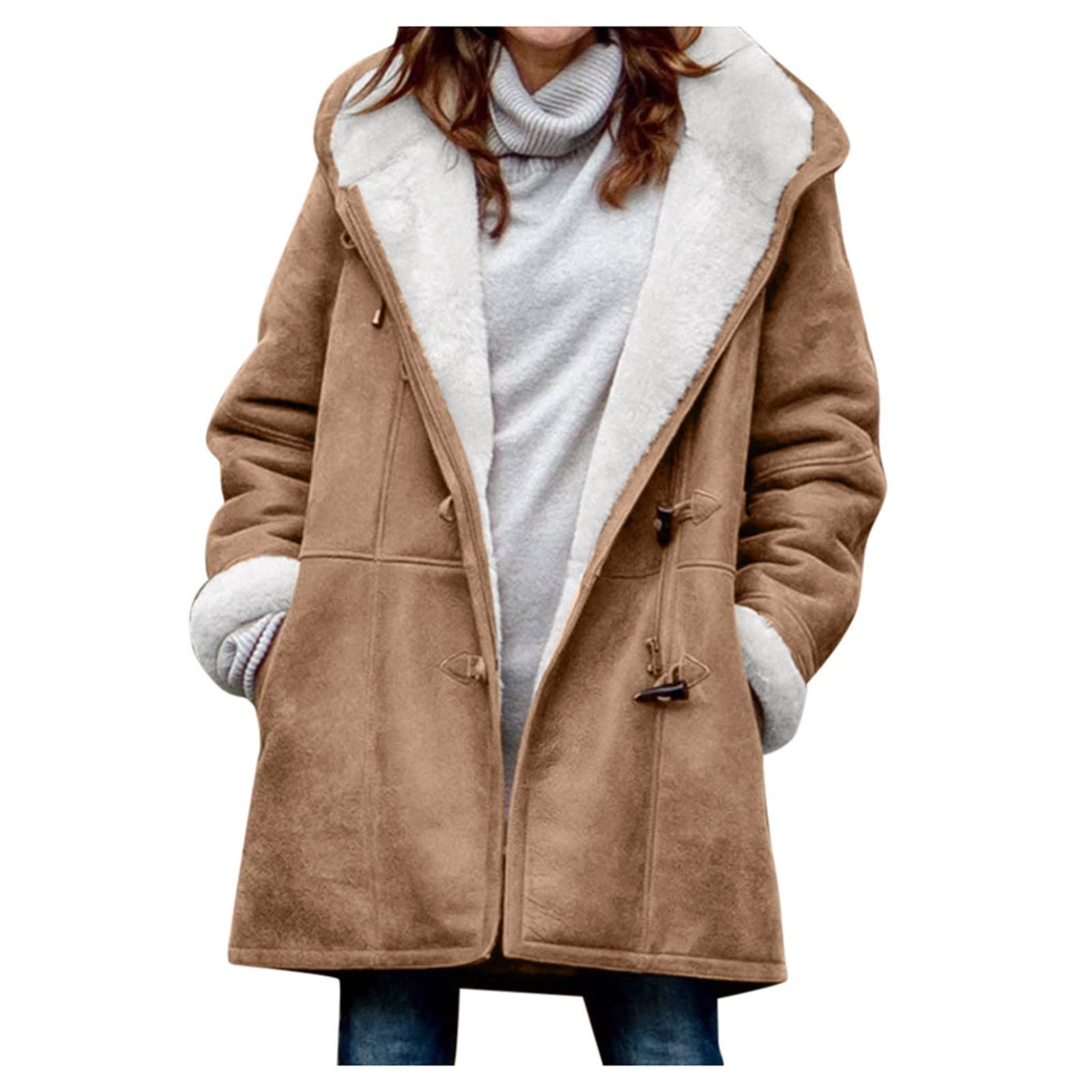 Plus Size Winter Coats for Women 2024 Warm Sherpa Fleece Lined Distressed Jackets Hooded Parka Faux Suede Pea Coat Outerwear, women coats winter clearance women's winter jacket, Brown 3x