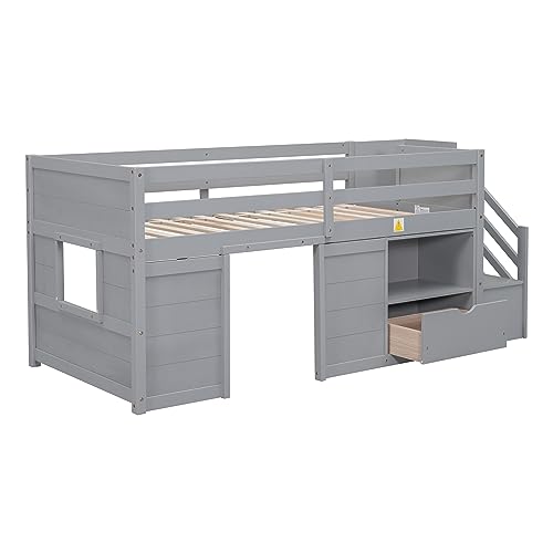 Twin Size Low Loft Bed with Play Space, Solid Wood Low Loft Bed Frame with Drawer, Shelf and Stairs Kids Loft Bed for Boys, Girls & Teens (Grey)