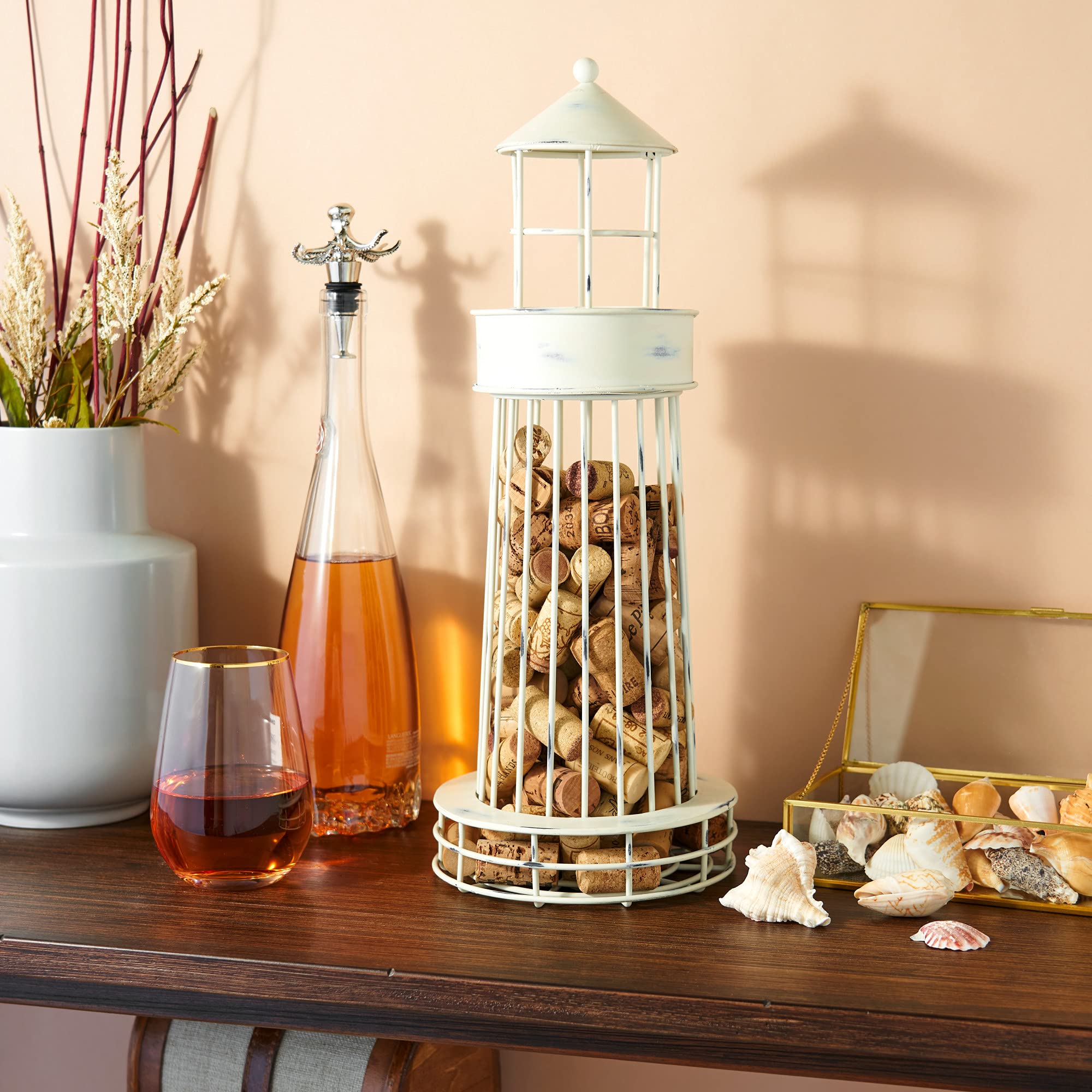 Twine 5599 Lighthouse Wine Cork Holder and Farmhouse Home Decor Kitchen Accessory, Set of 1, White