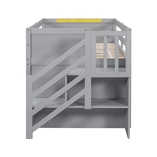 Twin Size Low Loft Bed with Play Space, Solid Wood Low Loft Bed Frame with Drawer, Shelf and Stairs Kids Loft Bed for Boys, Girls & Teens (Grey)