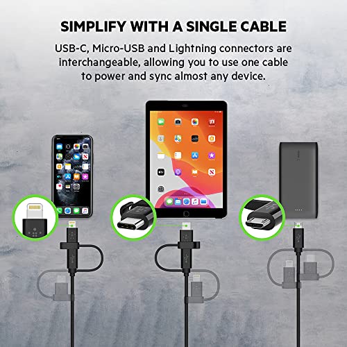 Belkin 3-in-1 Universal USB-A Cable - USB-C Cable, Lightning Cable, Micro-USB Charging Cable - Charging Cord Boost Charge Charger Designed for Apple iPhones & iPads, Galaxy, Tablet, Smartphone - Black