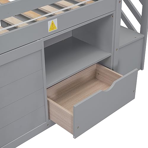 Twin Size Low Loft Bed with Play Space, Solid Wood Low Loft Bed Frame with Drawer, Shelf and Stairs Kids Loft Bed for Boys, Girls & Teens (Grey)