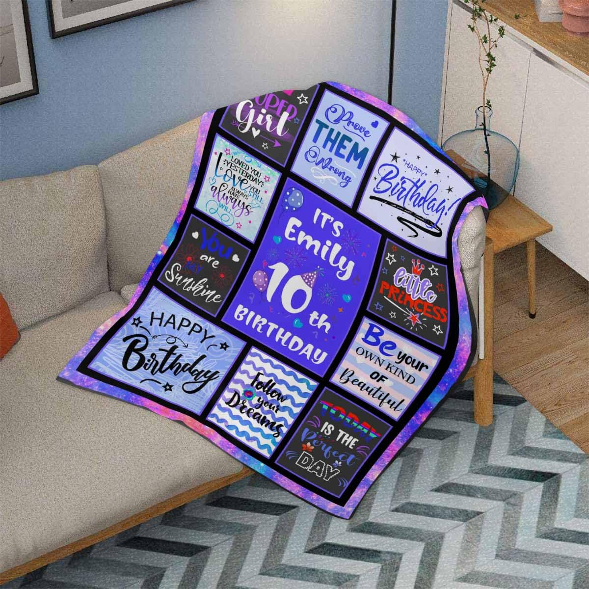 Newcos Customized Congrats Blankets for Girls for 10th Birthday, Gifts for Mom Daughter, Custom Birthday Blankets for Napping Camping for Home Bed Sofa Decoration (Blue Purple) 30"x40"