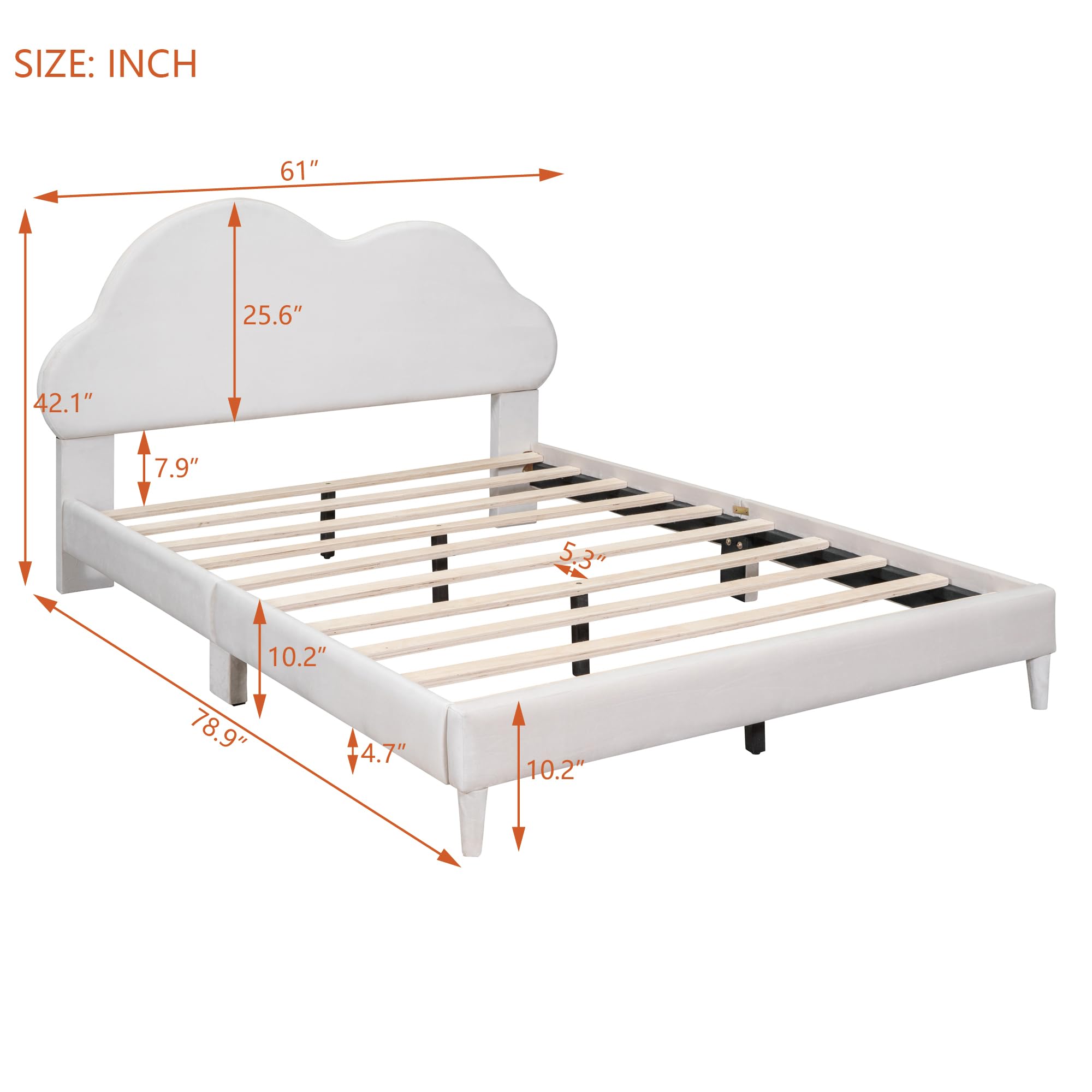 Full Size Bed Frame, Full Size Upholstered Cloud-Shape Bed, Modern Velvet Platform Bed with Headboard for Kids Teens Girls Boys, Easy Assembly, No Box Spring Needed (Beige)