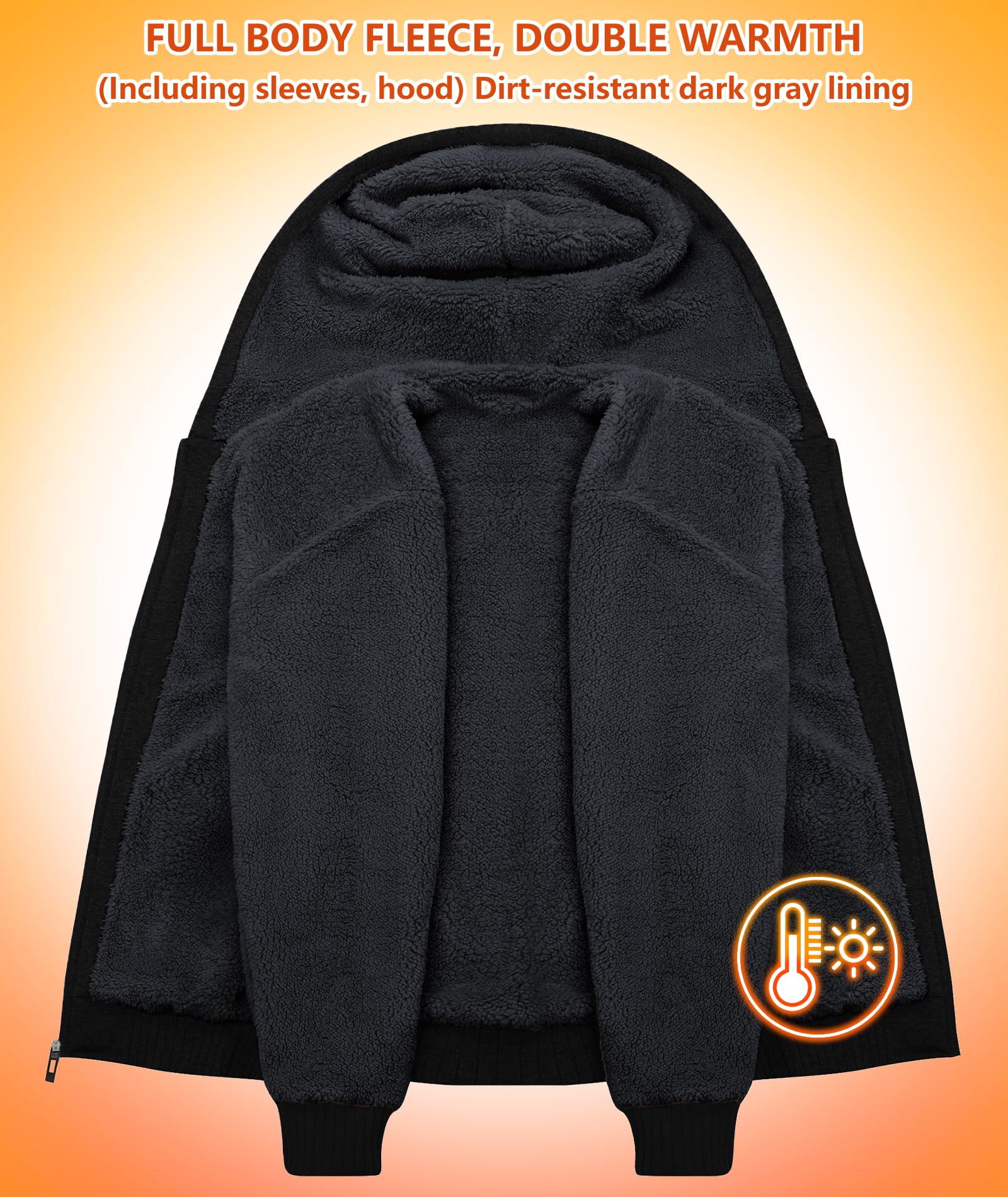 GEEK LIGHTING Hoodies for Men Heavyweight Fleece Sweatshirt - Full Zip Up Thick Sherpa Lined, Pure black XXL
