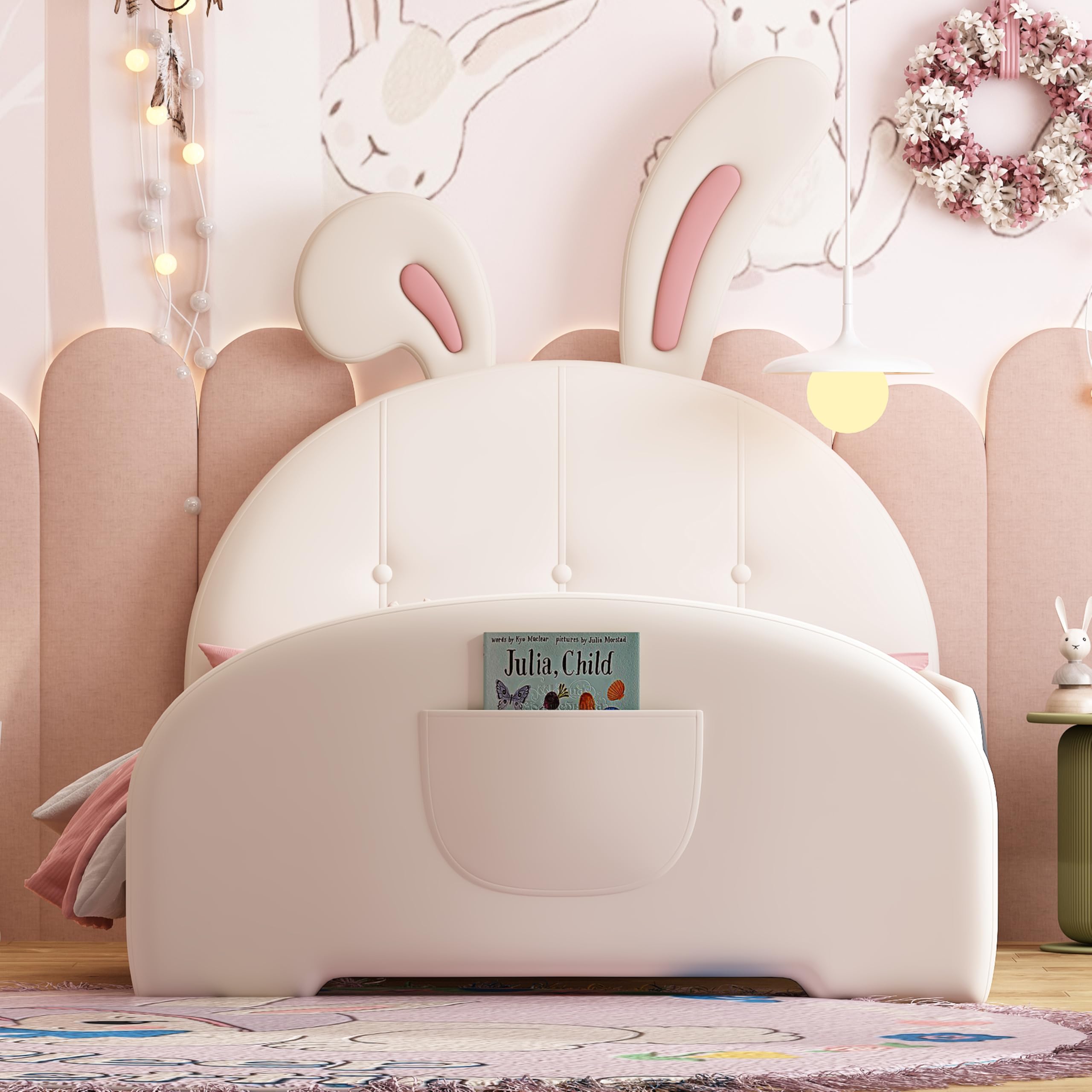 BEDGJH Twin Size Upholstered Rabbit-Shape Princess Bed, Wood Twin Size Platform Bed Frame with Headboard and Footboard for Kids Teens Girls Boys, Fun Design & Easy Assembly (White)